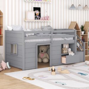 avgvlij twin size low loft bed with storage, modern farmhouse style wood bed for kids, includes game house, drawers, bookshelf staircase (grey, twin)