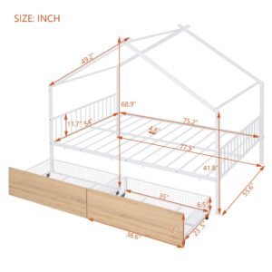 Metal House Bed for Kids, Full Size Bed Frame with Storage Drawers and Slats, Kids Bed Frame with Headboard and Footboard, Full Size House Bed for Kids, Girls, Boys(Full White)