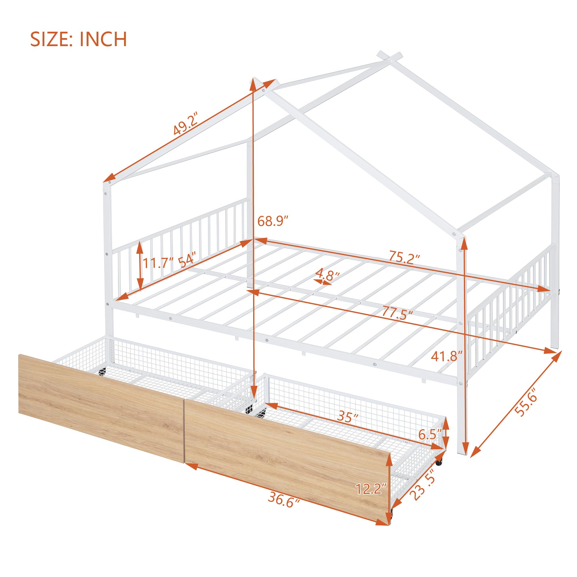 Metal House Bed for Kids, Full Size Bed Frame with Storage Drawers and Slats, Kids Bed Frame with Headboard and Footboard, Full Size House Bed for Kids, Girls, Boys(Full White)