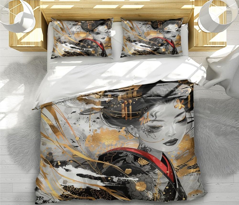 Aimery Beauty of Geisha Duvet Cover and Comforter Set – Artistic Geisha Designs with Traditional Japanese Elements, 100% Microfiber Bedding Set for a Stylish and Cultural Bedroom (Twin (68"x90"),02)