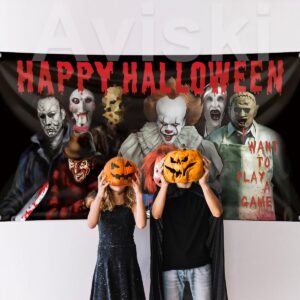 Horror Movie Classic Character Backdrop Banner, 78 × 43inch Halloween Party Background Large Backdrops Classic Movie Chainsaw Clown Horror Movie Supplies for Indoor Outdoor Photo Booth Props