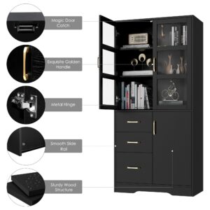 HIFIT 2 Pack Tall Bookshelves and Bookcases with Glass Display Cabinet Doors and 3 Drawers, Floor Standing Wood Storage Cabinet with Shelves, Modern Cabinet for Home Office, Living Room, Study, Black