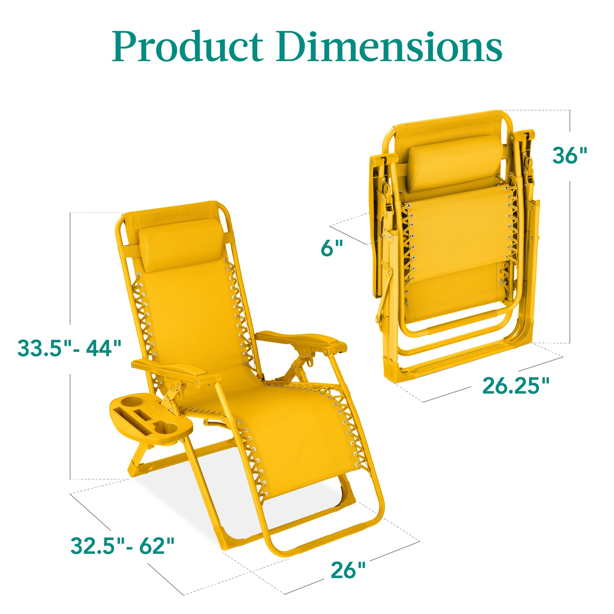 Best Choice Products Adjustable Zero Gravity Chair, Monochromatic Color Folding Patio Recliner w/Side Tray, Headrest - Sunflower