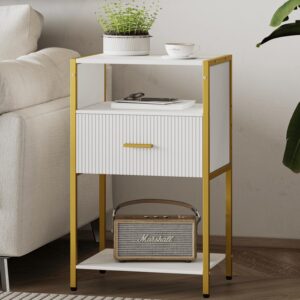 joonee white and gold nightstand, modern side table with fluted drawer, tall night stand with 3 storage shelves for living room, bedroom