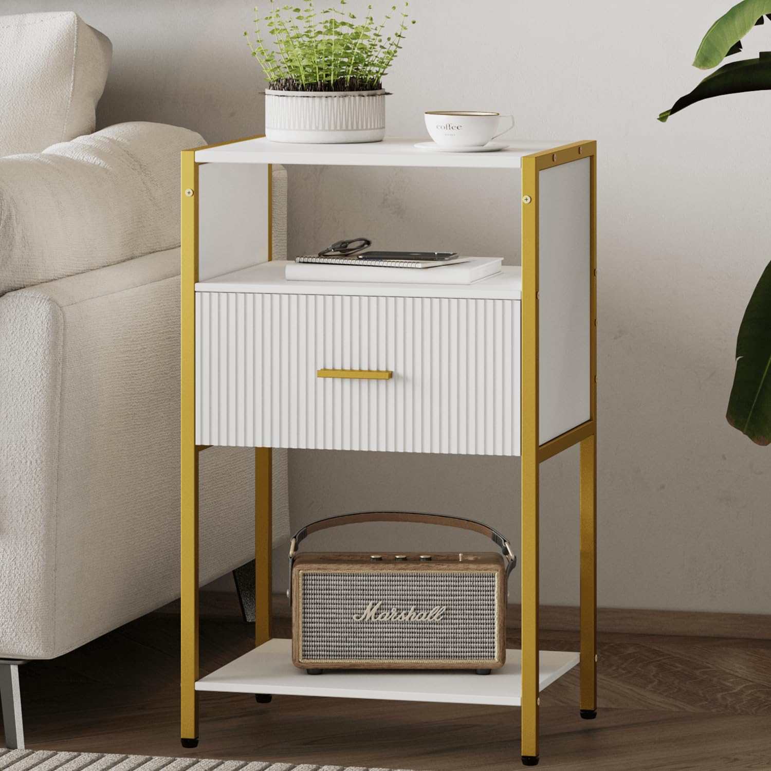 JOONEE White and Gold Nightstand, Modern Side Table with Fluted Drawer, Tall Night Stand with 3 Storage Shelves for Living Room, Bedroom