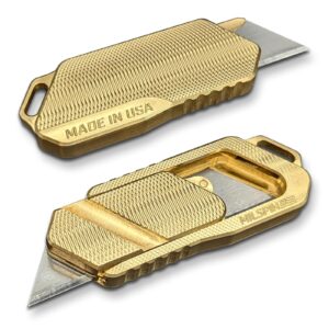 milspin magnus 2.0 brass edc utility knife with retractable razor and internal spare blade storage i 7 blades included i made in usa