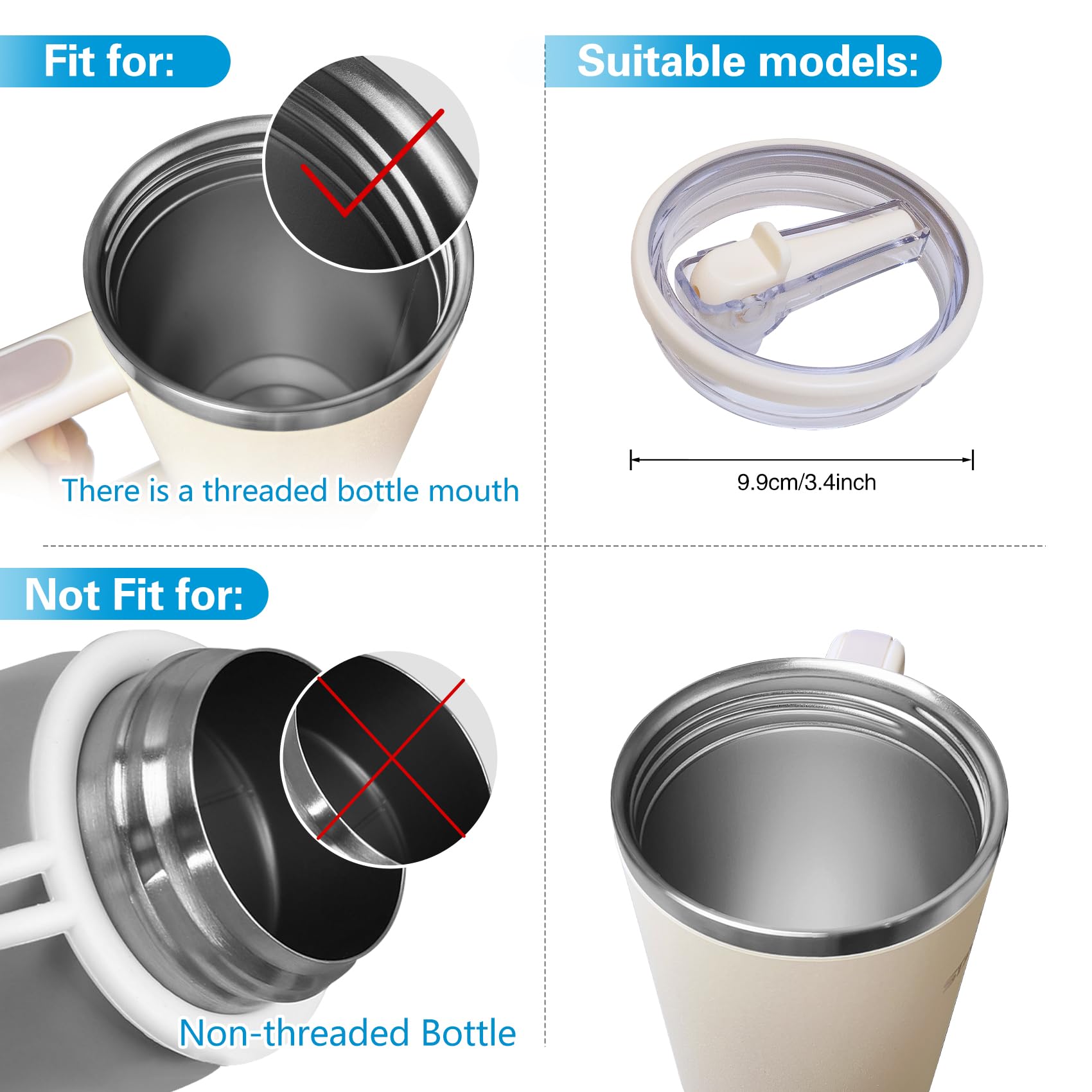 2PCS Tumbler Flip Straw Lid Replacement Fit for Stanley Quencher 40 oz, Leak-Proof, Reusable Tumbler Cover (Milky white)