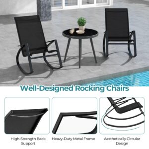 Tangkula Outdoor Rocking Chairs Set of 4, Patio Sling Fabric Rockers with Ergonomic Backrest & Seat, Safe Stoppers & Non-Slip Rubber Mats, Metal Frame Rockers for Backyard, Front Porch (Black)