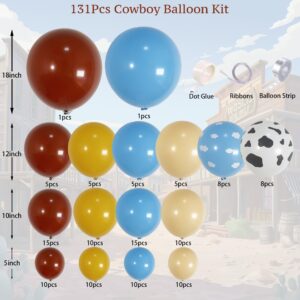 ECEAE Cowboy Theme Balloon Arch Garland Kit, 131Pcs Brown, Nude, Mustard Yellow, Blue, Cloud Print and Cow Print Balloons for Baby Shower, First Rodeo Birthday, Farm Party, Toy Theme Decorations