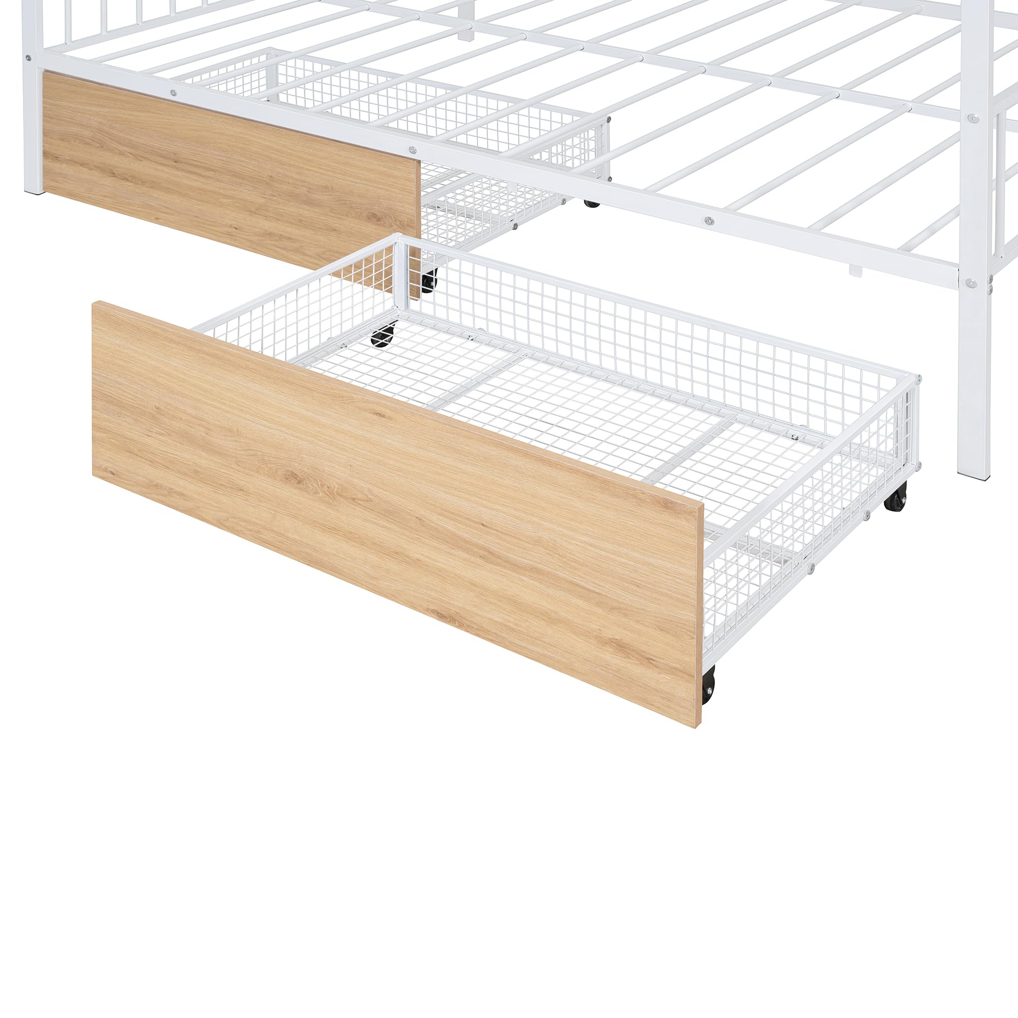 Metal House Bed for Kids, Full Size Bed Frame with Storage Drawers and Slats, Kids Bed Frame with Headboard and Footboard, Full Size House Bed for Kids, Girls, Boys(Full White)