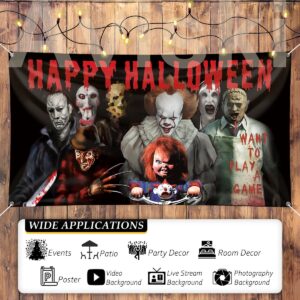 Horror Movie Classic Character Backdrop Banner, 78 × 43inch Halloween Party Background Large Backdrops Classic Movie Chainsaw Clown Horror Movie Supplies for Indoor Outdoor Photo Booth Props