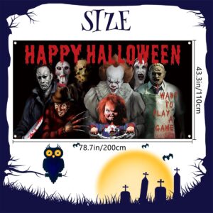 Horror Movie Classic Character Backdrop Banner, 78 × 43inch Halloween Party Background Large Backdrops Classic Movie Chainsaw Clown Horror Movie Supplies for Indoor Outdoor Photo Booth Props