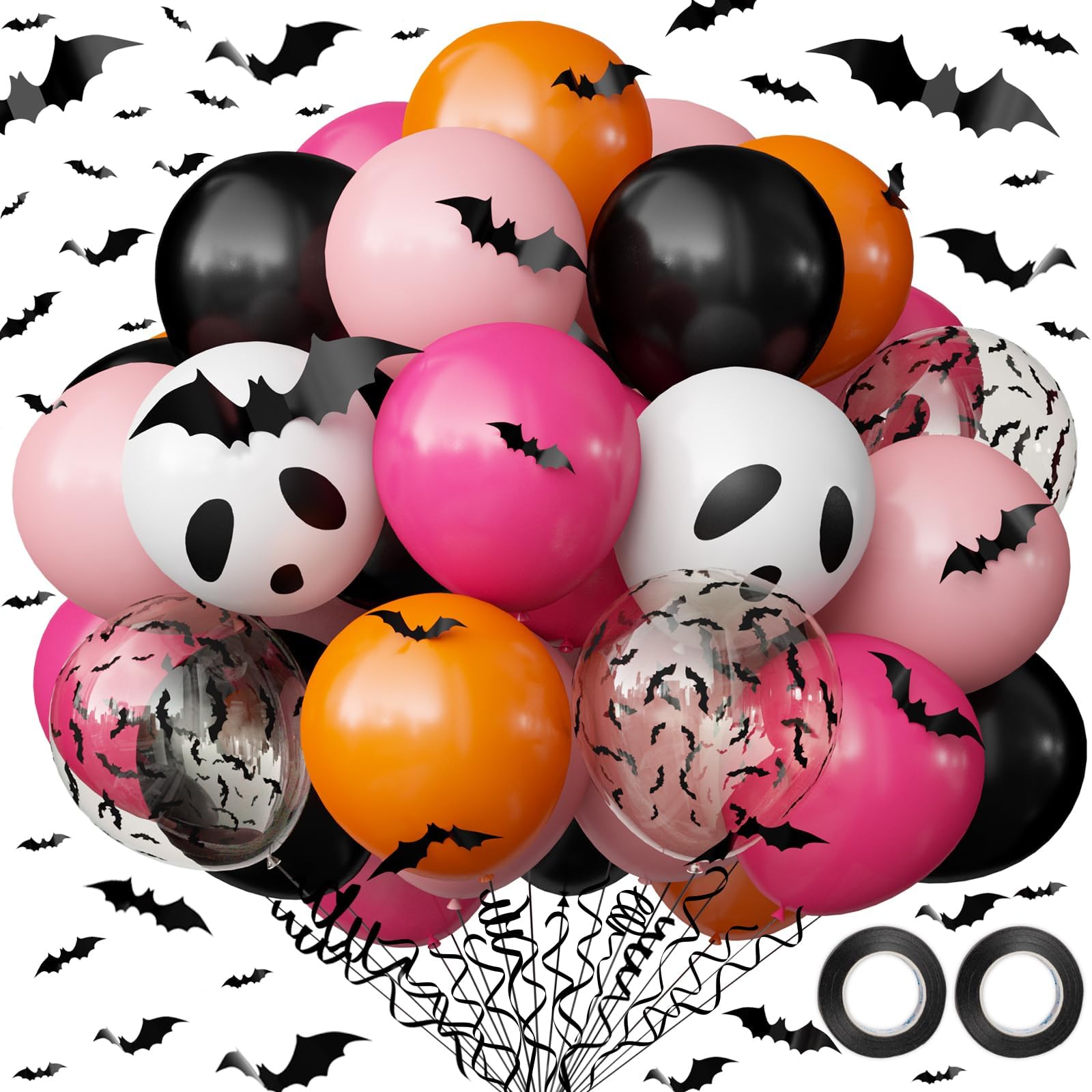 OuMuaMua Halloween Party Decorations Balloons Set, 62Pcs Black Pink Rose Orange Balloons Ghost Bat Print Balloons with 3D Bats for Kids Girls Halloween Birthday Party Decorations Baby Shower Supplies