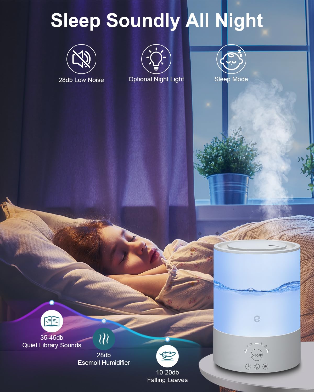 Esemoil Humidifiers for Bedroom, for Large Room, 2.5L Top Fill Cool Mist Humidifiers for Baby, Plants, Smart WiFi Air Humidifier with Diffuser and Nightlight, 28dB, 24H Long Runtime, Work with Alexa