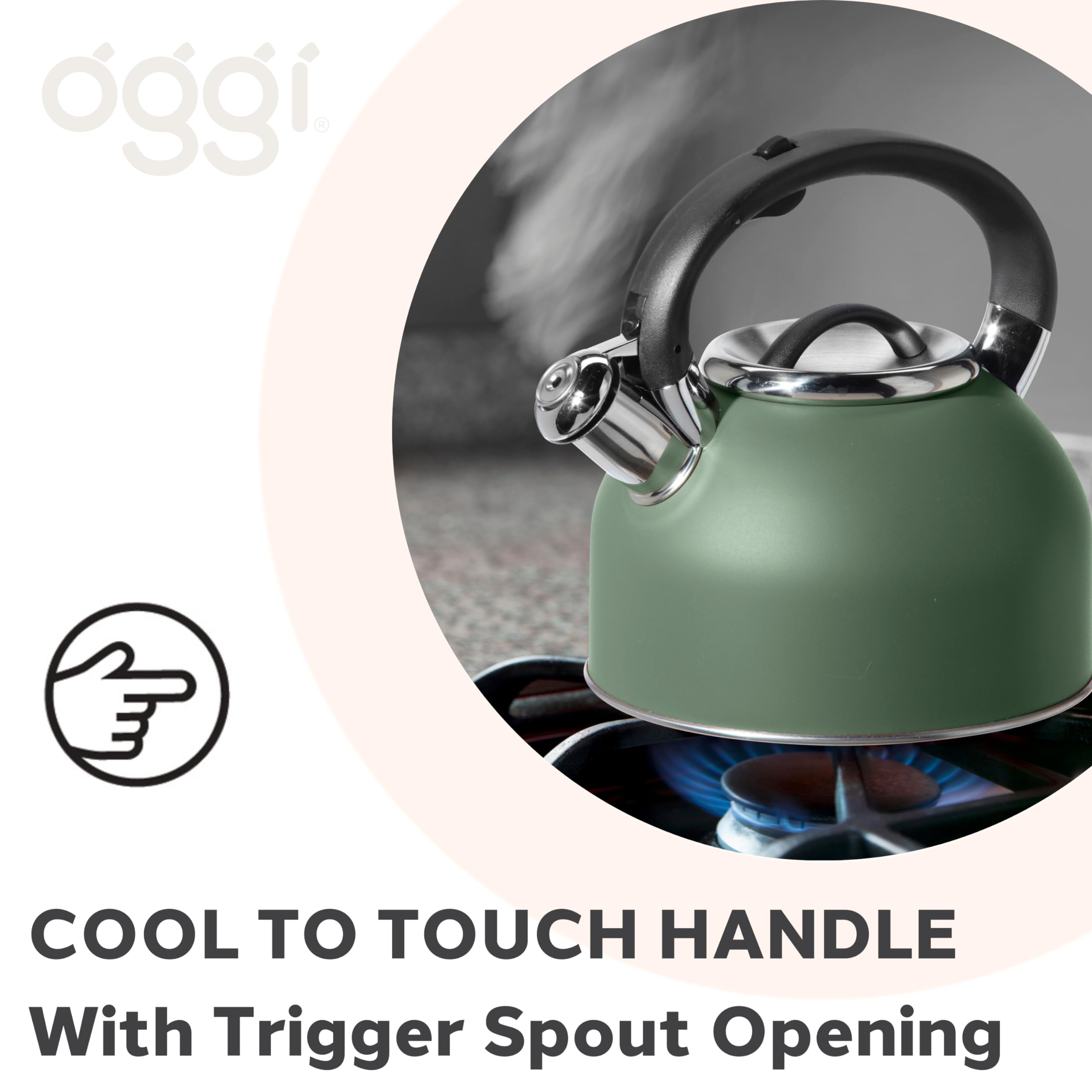 OGGI Tea Kettle for Stove Top - 64oz / 1.9lt, Stainless Steel Kettle with Loud Whistle, Ideal Hot Water Kettle and Water Boiler - Sage