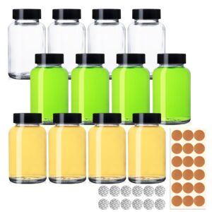 naworli 4 oz glass shot bottles with caps, 12 pack 120 ml empty juicing bottles with screw lids and labels, reusable airtight glass jars for juice, ginger shots, wellness shots