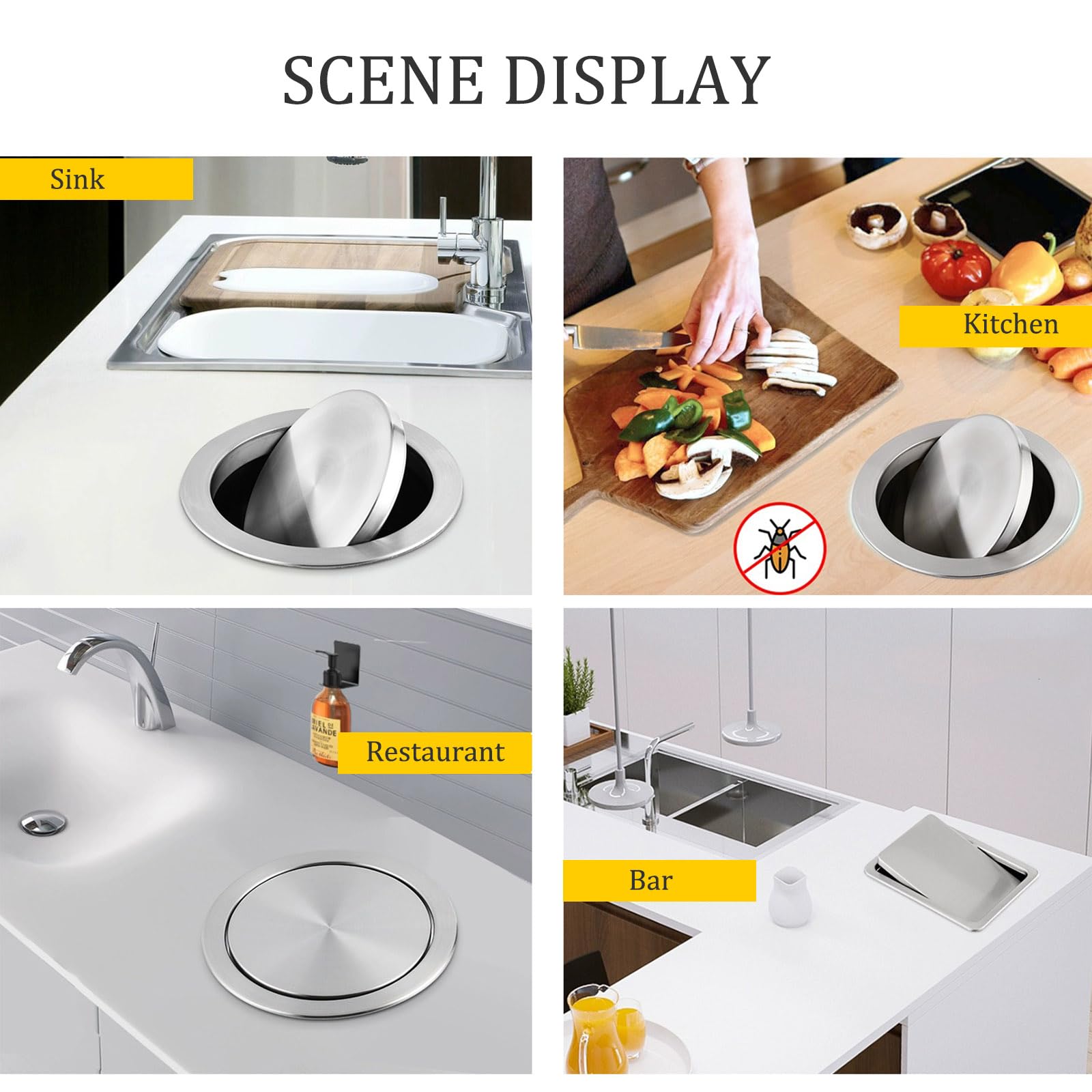 Stainless Steel Trash Can Countertop Built-in Trash Bin Balance Flap Cover, Kitchen Cabinet Embedded Trash Bin Trash Chute, Square/Round Recessed Counter Top Cover Waste Chute Wastebasket Cover