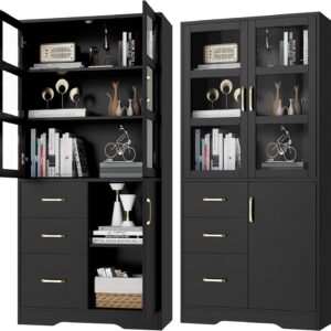 HIFIT 2 Pack Tall Bookshelves and Bookcases with Glass Display Cabinet Doors and 3 Drawers, Floor Standing Wood Storage Cabinet with Shelves, Modern Cabinet for Home Office, Living Room, Study, Black