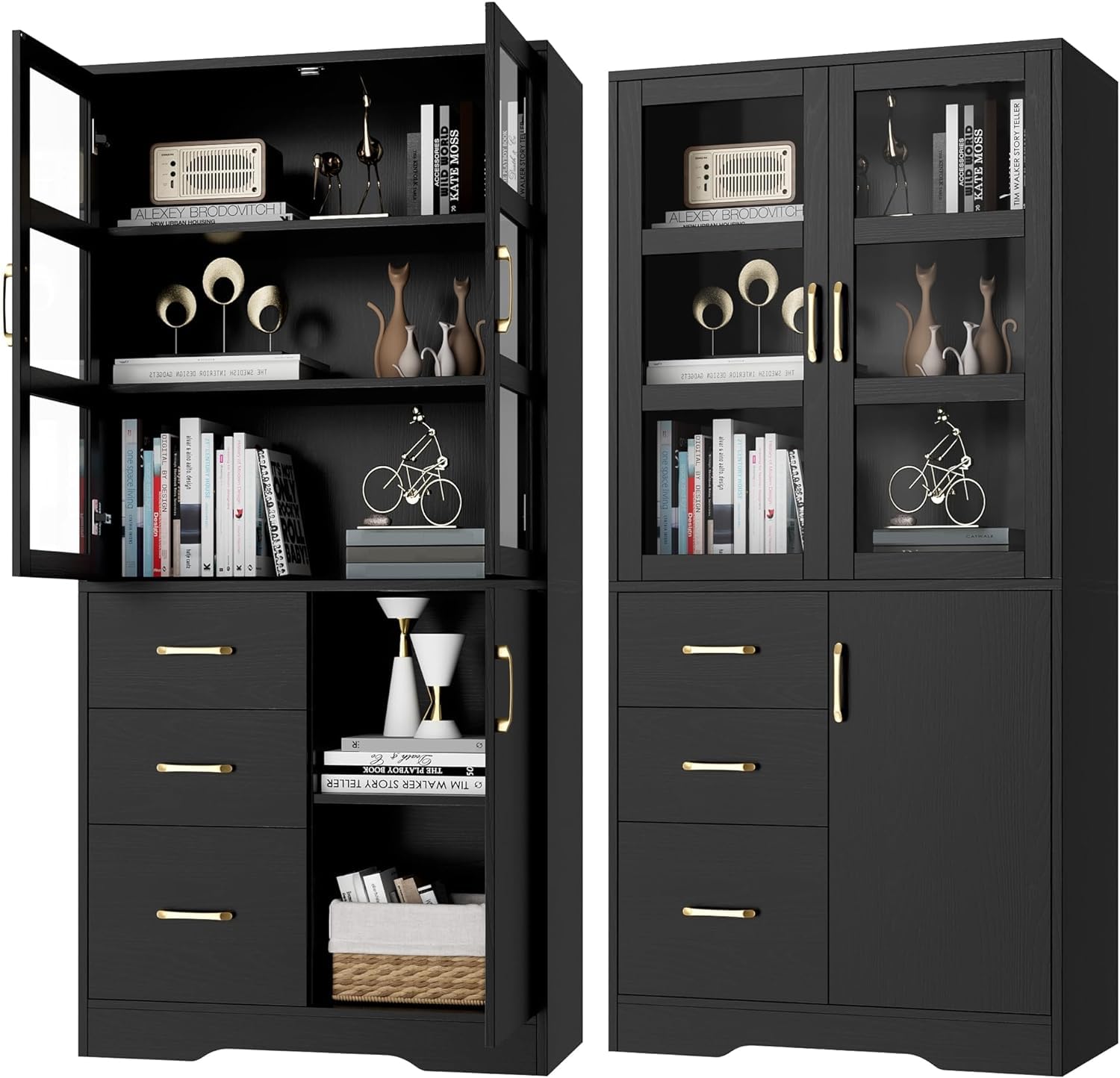 HIFIT 2 Pack Tall Bookshelves and Bookcases with Glass Display Cabinet Doors and 3 Drawers, Floor Standing Wood Storage Cabinet with Shelves, Modern Cabinet for Home Office, Living Room, Study, Black