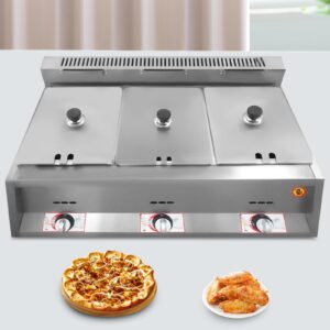 3-Pan Commercial Food Warmer, Propane/NG Gas Fryer Catering Desktop Food Insulation Pot Steaming Table Steamer Soup Insulation Pot Adjustable Temperature Gas Fryer Steamer Cooking Heating Pot