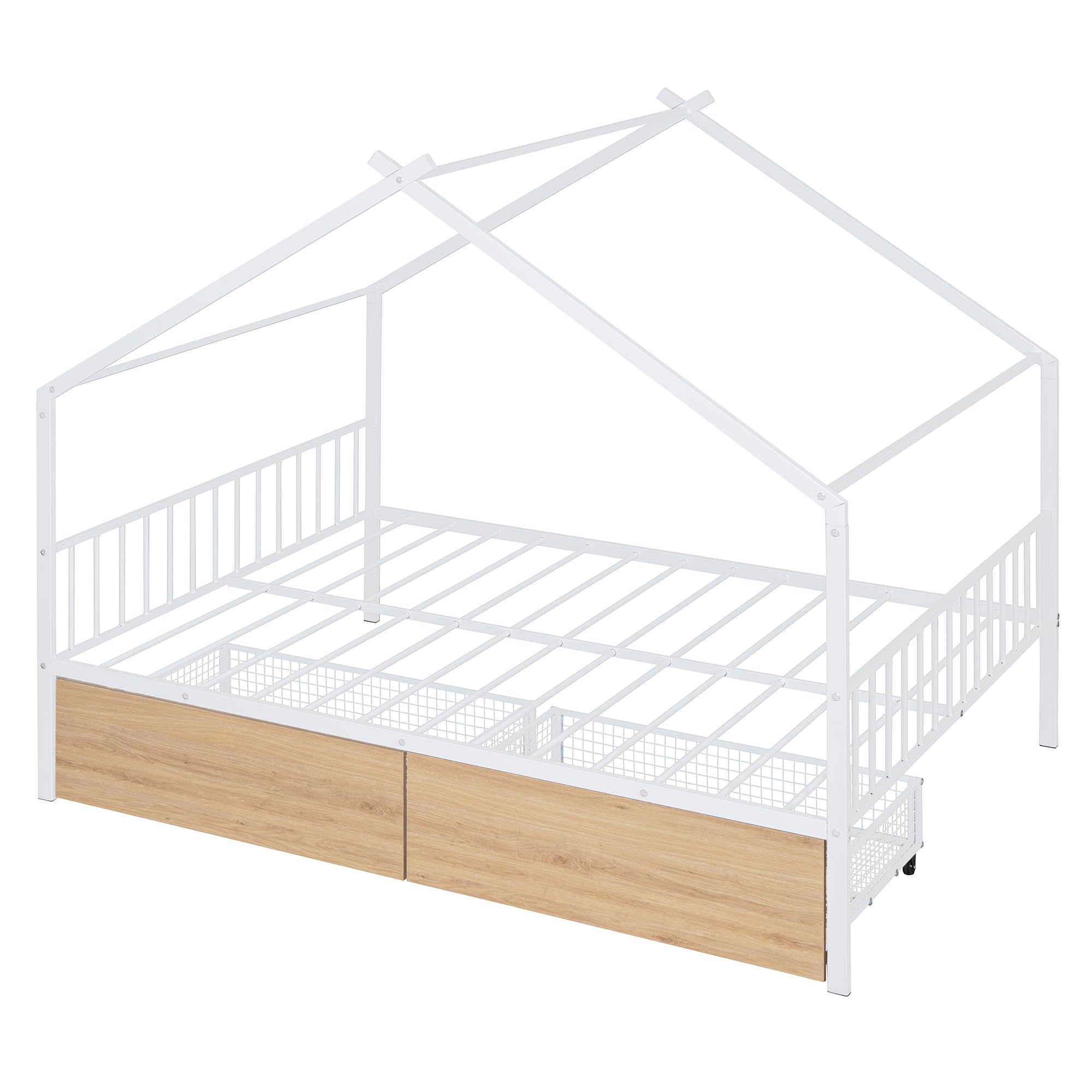 Metal House Bed for Kids, Full Size Bed Frame with Storage Drawers and Slats, Kids Bed Frame with Headboard and Footboard, Full Size House Bed for Kids, Girls, Boys(Full White)