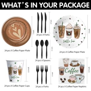 APOWBLS Coffee Party Decorations Tableware - Coffee Birthday Party Supplies, Paper Plate, Cup, Napkin, Disposable Cutlery, Latte Fun Coffee Theme Birthday Baby Shower Table Decorations | Serve 24