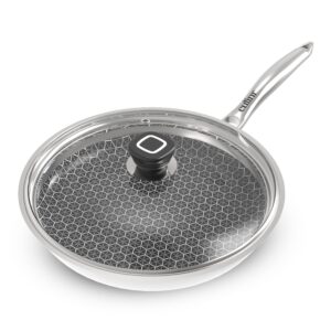 culinr™ 9” inch hexagon surface hybrid stainless steel frying pan with glass lid, oven and dishwasher safe, non-toxic pfoa free, compatible with all stovetops