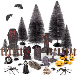 halloween village ornaments accessories miniatures include pumpkins skeletons scary dead warlock tombstones coffin spiders pine trees fence figurines for hallowmas party decor