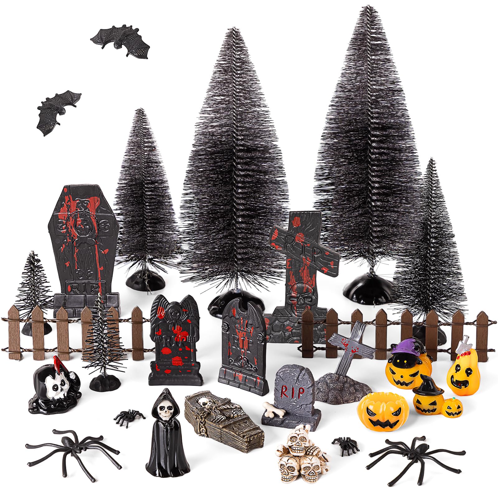 Halloween Village Ornaments Accessories Miniatures Include Pumpkins Skeletons Scary Dead Warlock Tombstones Coffin Spiders Pine Trees Fence Figurines for Hallowmas Party Decor