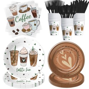 apowbls coffee party decorations tableware - coffee birthday party supplies, paper plate, cup, napkin, disposable cutlery, latte fun coffee theme birthday baby shower table decorations | serve 24