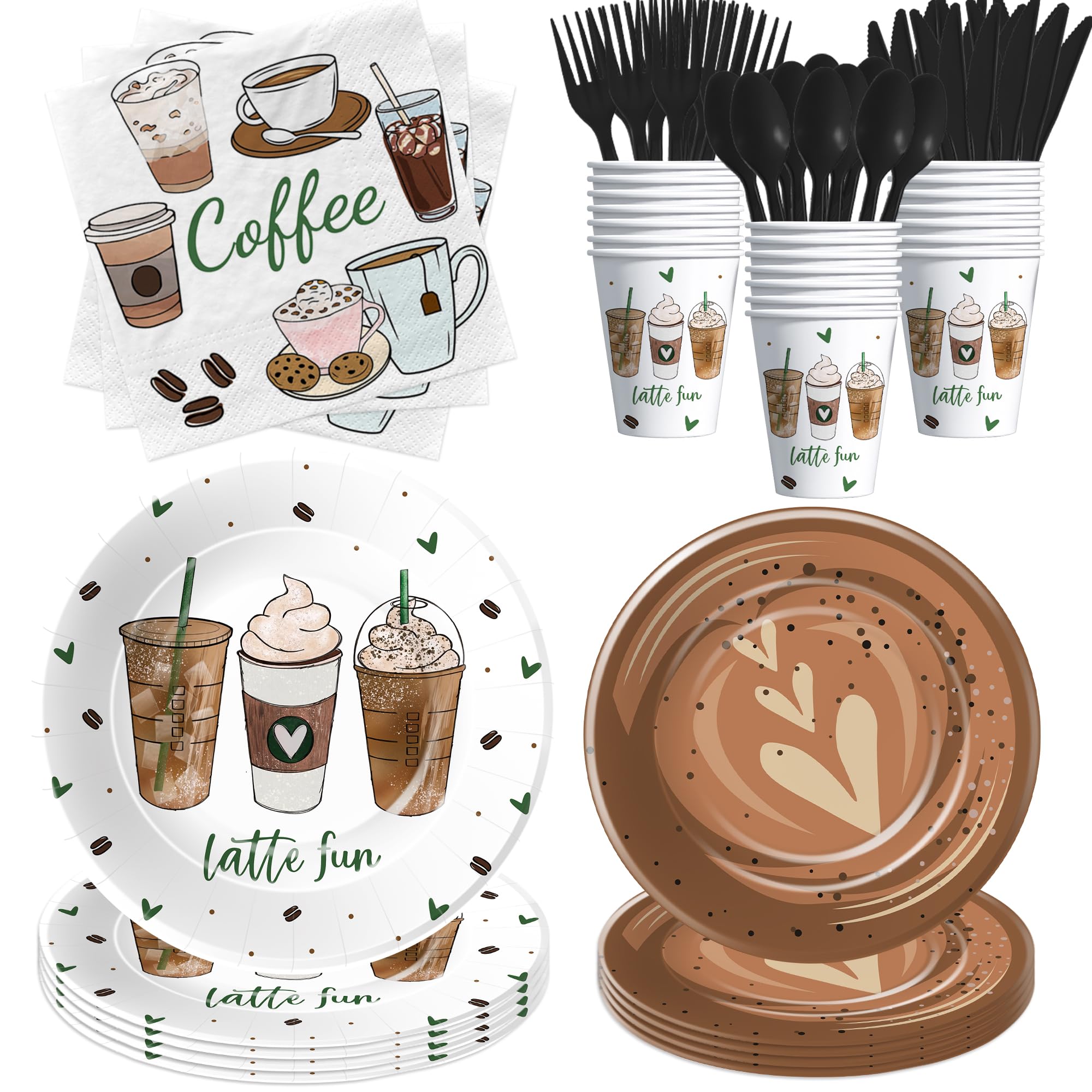 APOWBLS Coffee Party Decorations Tableware - Coffee Birthday Party Supplies, Paper Plate, Cup, Napkin, Disposable Cutlery, Latte Fun Coffee Theme Birthday Baby Shower Table Decorations | Serve 24