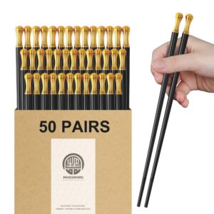 muguning 50 pairs fiberglass chopsticks bulk - 9.5inch reusable chopsticks dishwasher safe, non-slip japanese chinese chop sticks with black gold styling (world cup)