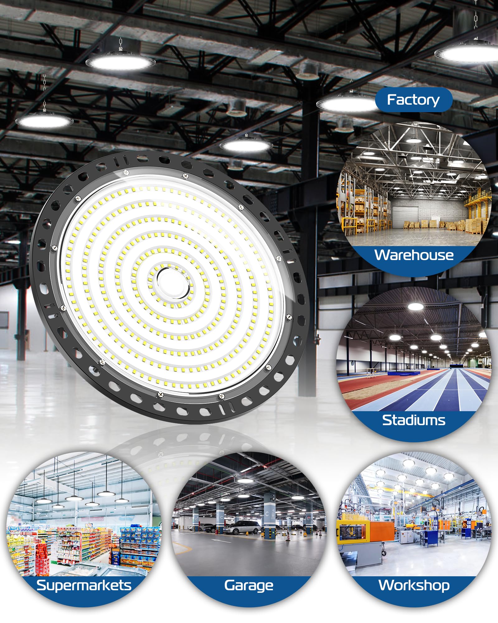 HAPYLUMI UFO LED High Bay Light 100W, 10000LM High Bay LED Shop Lights 6500K UFO Lamp with 6.5ft US Plug IP65 Waterproof UFO High Bay Commercial Area Lighting Fixture for Garage Barn Warehouse Gym