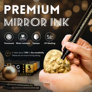 SRUOLOC 3Pcs Liquid Gold Paint Markers, Oil-based Permanent Chrome Maker, Gloss Mirror Marker Repairing, Reflective Metallic Pen Markers for Touch Up Model Painting DIY Art Projects, Gold