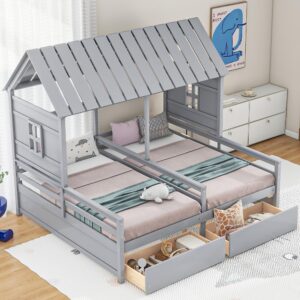 bovza double beds for 2 kids, twin size house platform beds with two storage drawers, roof and windows, boy and girl shared beds, combination of 2 side by side twin size beds, gray