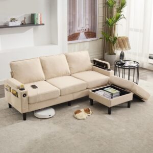 plococo l shaped combo sofa with storage ottoman, 3 seat couch with usb-a and type-c port, upholstered sectional couch with cup holder and armrest storage (beige-l-shaped, l-shaped)