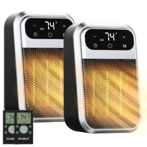 givebest 800w wall outlet space heater with remote, small plug in electric heater led display with adjustable thermostat and timer for rv and home office bathroom indoor use, 2 pack