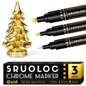 sruoloc 3pcs liquid gold paint markers, oil-based permanent chrome maker, gloss mirror marker repairing, reflective metallic pen markers for touch up model painting diy art projects, gold