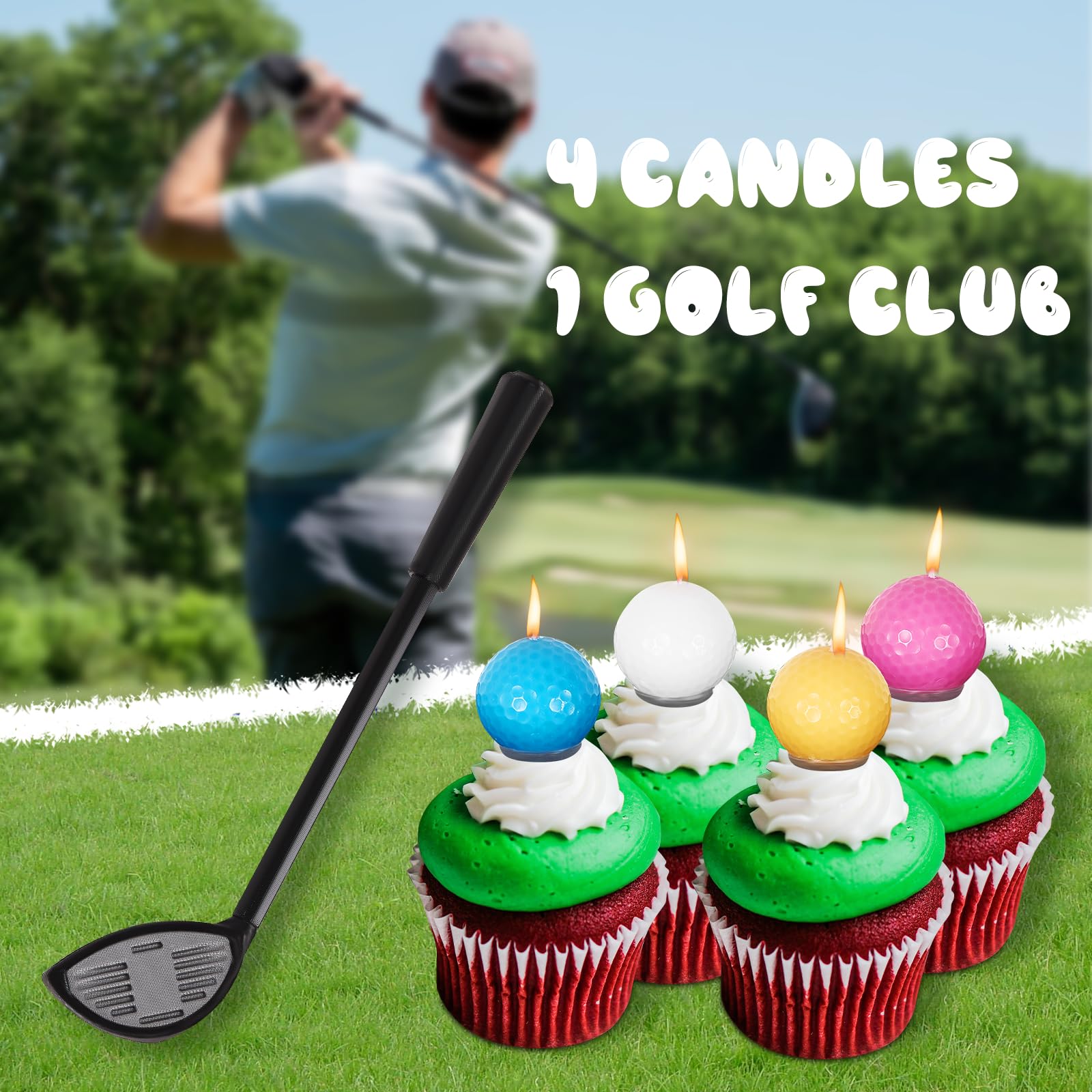 DHUJBFF 5 Pcs Golf Birthday Party Decorations, Golf Ball Birthday Candles for Cake - Funny Cake Candles, Round Candles, Cake Decorating, Happy Birthday Decorations (4PC Candles, 1 Golf Club)