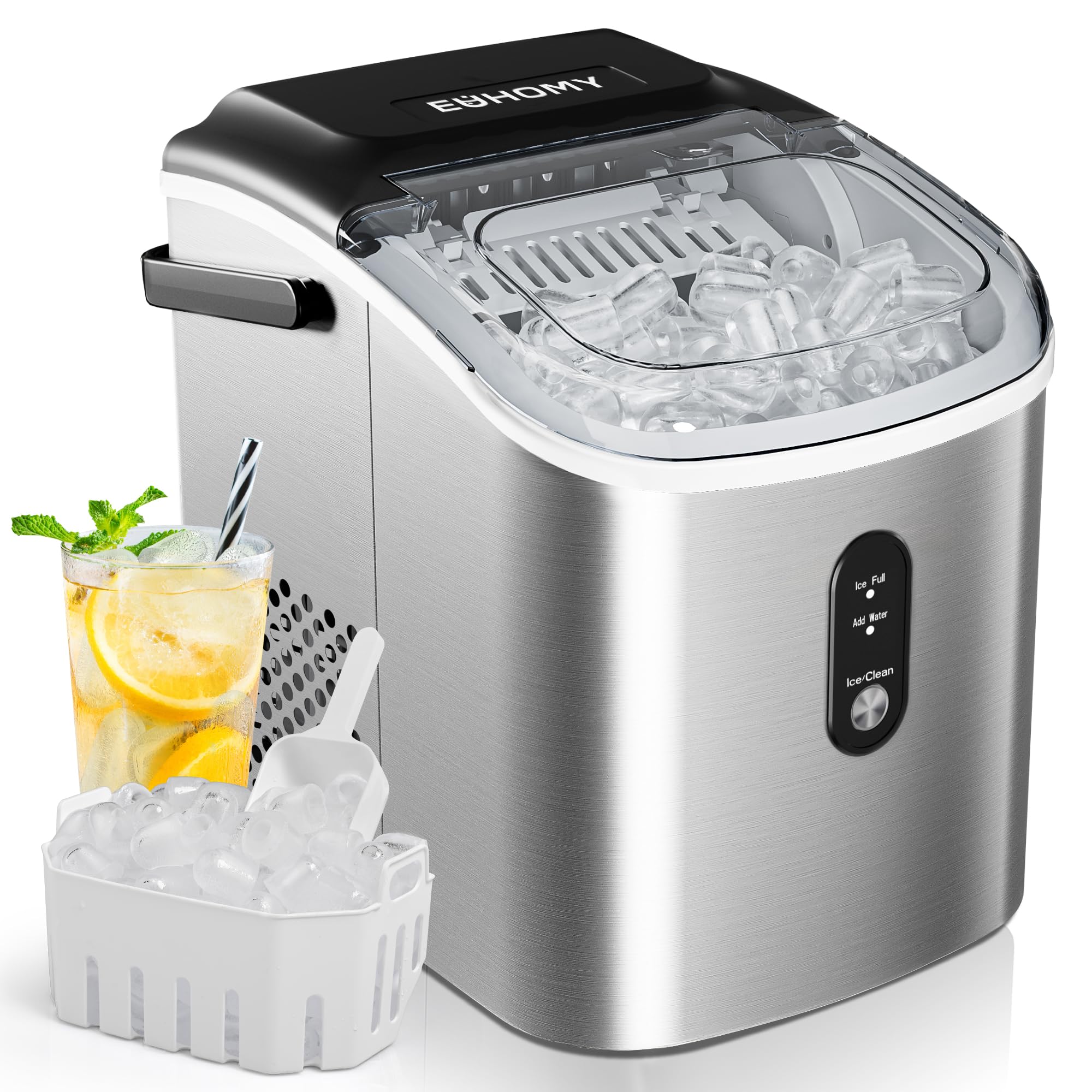 EUHOMY Countertop Ice Maker Machine with Handle, 26.3lbs Per Day, 9 Cubes in 6 Mins, Auto-Cleaning Portable Ice Maker with Basket and Scoop, for Home/Kitchen/Camping/RV (Silver)