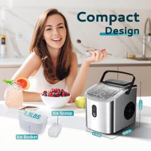 EUHOMY Countertop Ice Maker Machine with Handle, 26.3lbs Per Day, 9 Cubes in 6 Mins, Auto-Cleaning Portable Ice Maker with Basket and Scoop, for Home/Kitchen/Camping/RV (Silver)