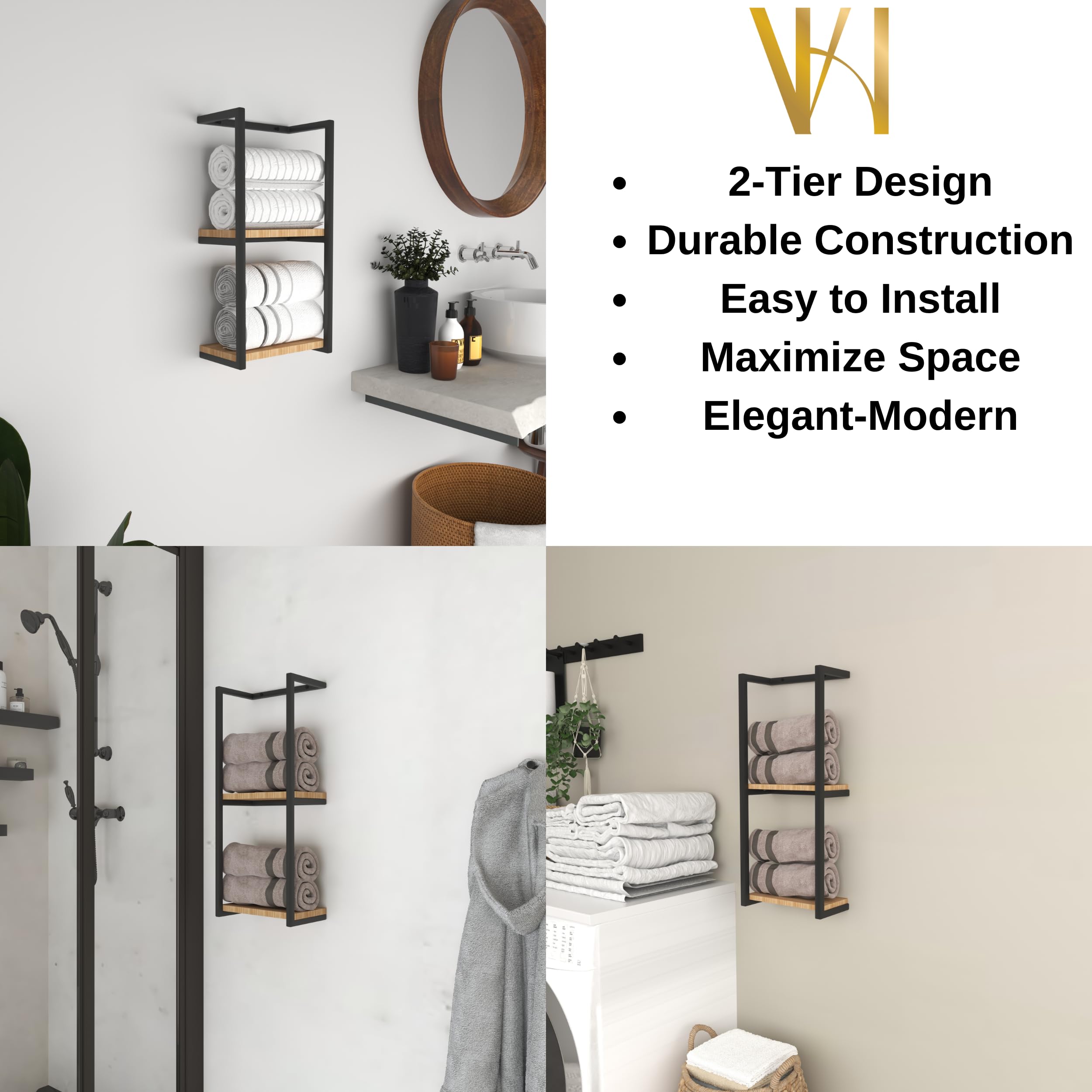 2-Tier Bathroom Shelf, Wall Mounted Storage for Towels and Blankets, Wood and Metal Frame, Anti-Rust Rustic Towel Rack with Shelf for Toiletries, Bathroom, Bedroom, and Potted Plants (Large)