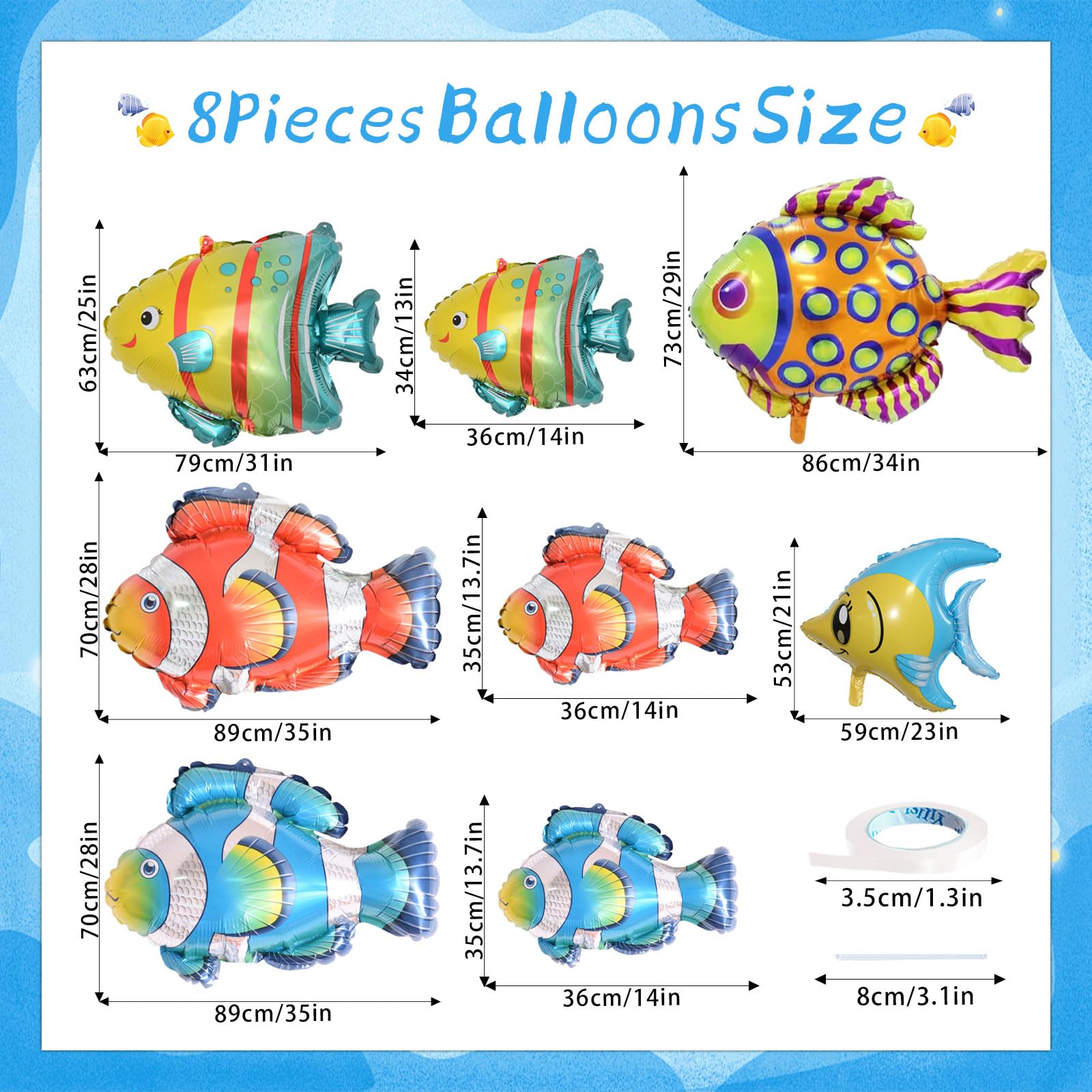 8 Pcs Fish Balloons, Under The Sea Clownfish Tropical Fish Bubble Fish Foil Balloons, Sea Animal Creature Balloons for Baby Shower Under The Sea Ocean Themed Birthday Party Decorations