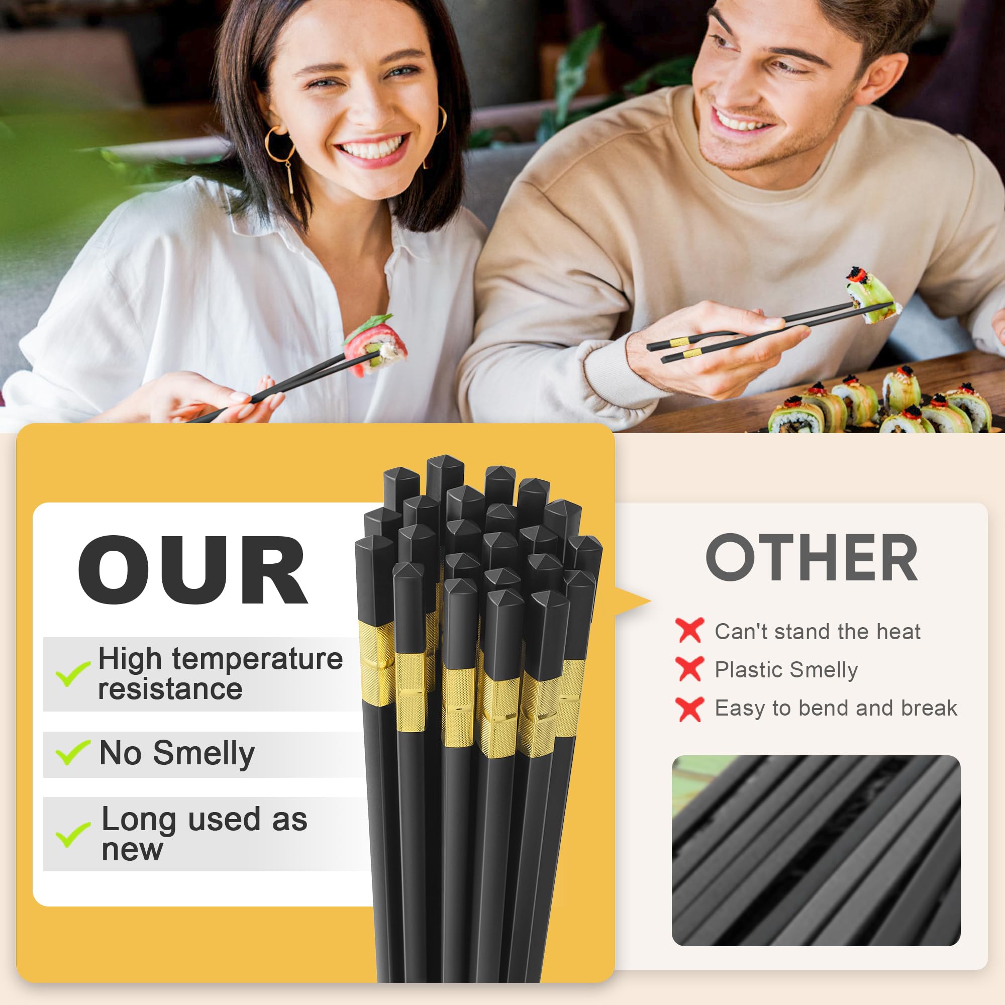 Muguning 50 Pairs Fiberglass Chopsticks - Reusable Bulk Chopsticks Dishwasher Safe, Non-slip Japanese Chinese Style Chop Sticks for Sushi cooking Eating ( 9.5Inch, Black & Gold)