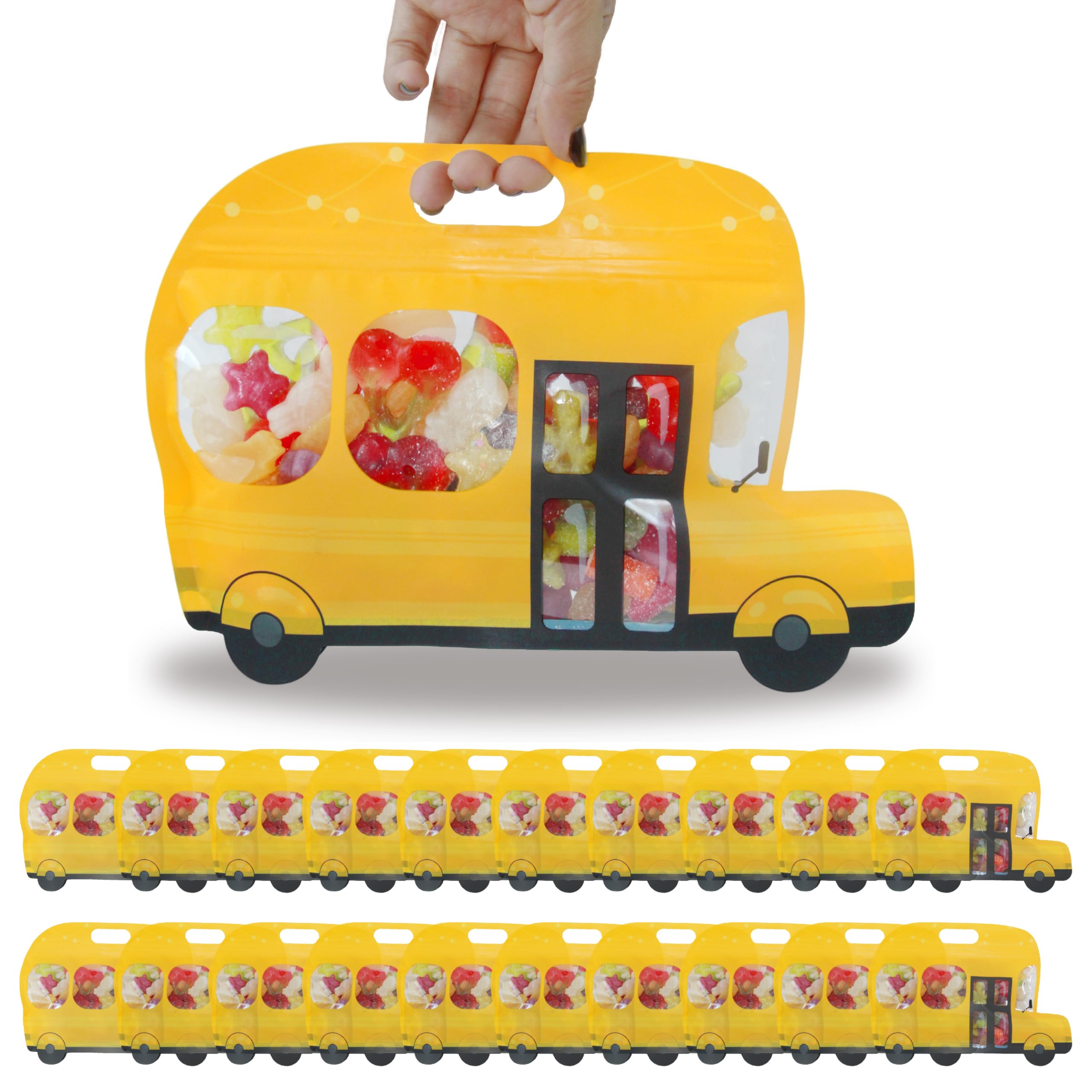 AOKELEON 20 Pcs Yellow School Bus Goodie Bags Plastic Gift Candy Bags with Handle Resealable Ziplock Treat Bags with Stand-up Bottom Back To School Party Favor Birthday Bags For Kids