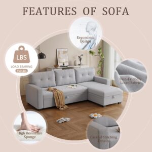 Jintop 82" L-Shape Convertible Sleeper Sectional Sofa with Storage Chaise and Pull-Out Bed,Upholstered Reversible Corner 3 Seater Couch with Button Tufted Backrest & Armrest,for Living Room,Light Gray