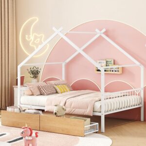 metal house bed for kids, full size bed frame with storage drawers and slats, kids bed frame with headboard and footboard, full size house bed for kids, girls, boys(full white)