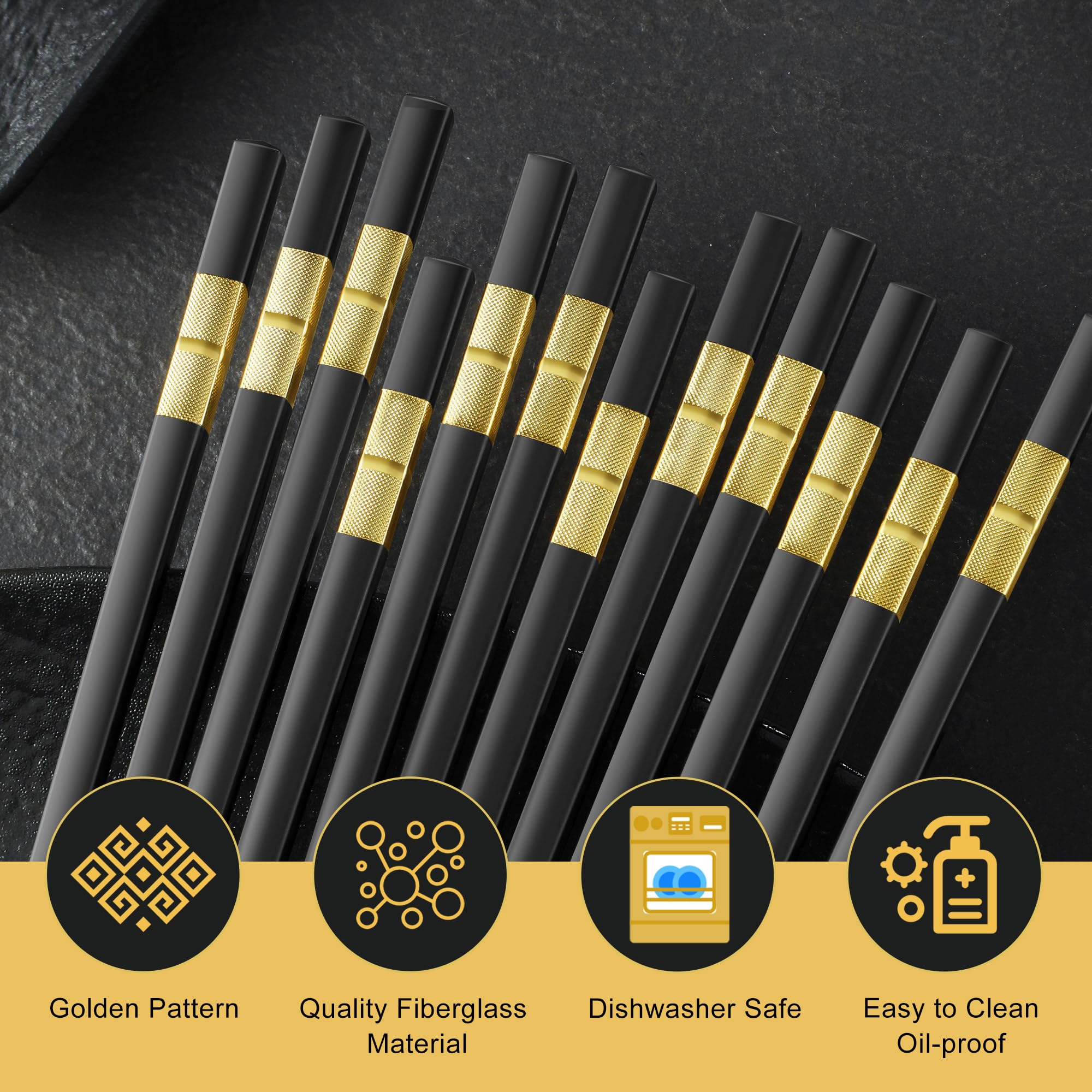 Muguning 50 Pairs Fiberglass Chopsticks - Reusable Bulk Chopsticks Dishwasher Safe, Non-slip Japanese Chinese Style Chop Sticks for Sushi cooking Eating ( 9.5Inch, Black & Gold)