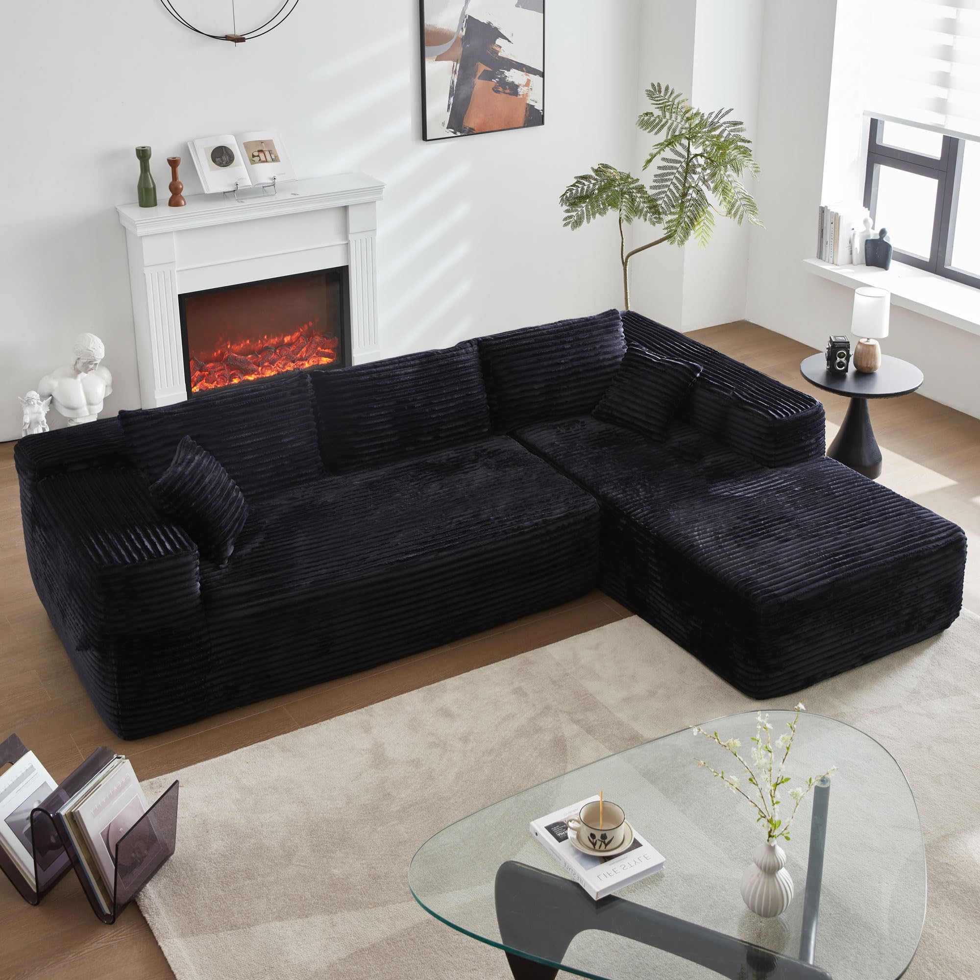 POUUIN 104" L-Shape Modular Sectional Sofa Couch - Comfy Upholstered Cloud Couch for Living Room - Modern Minimalist Couch,Deep Seat,No Assembly Required (Black,Plush Corduroy, Right Facing Chaise)