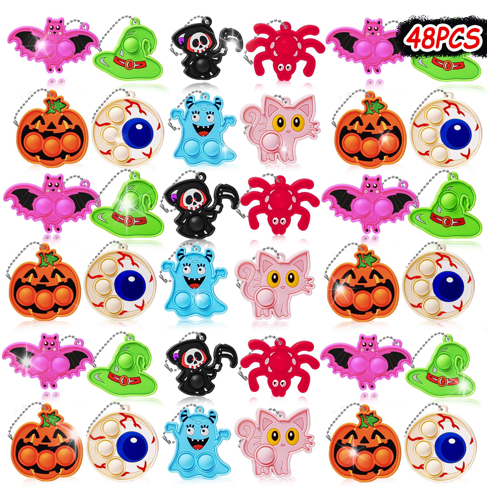 48Pcs Halloween Party Favors, Fidget Toys Bulk Mini Pop Bubbles with Keychain, School Classroom Prizes Box Fidgets Toys for Kids Toddlers Adult, Goodie Bag Stuffers, Treasure Chest box, Halloween Toys